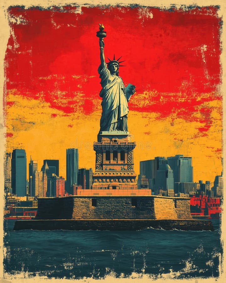 The Statue of Liberty on a Red Background Symbolizes Freedom and Hope ...