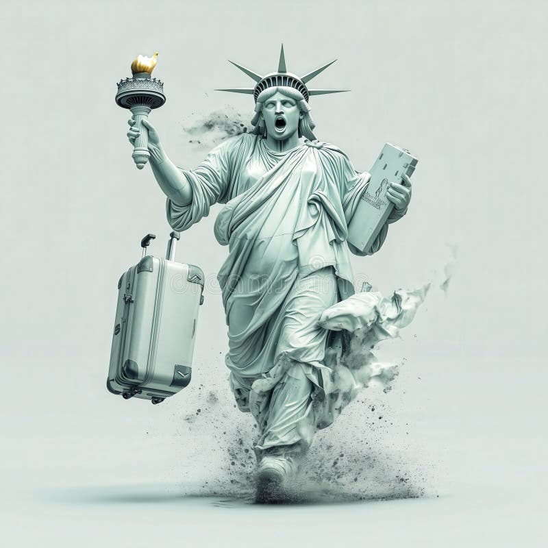 Statue of Liberty Running Away with Suitcase and Declaration of ...