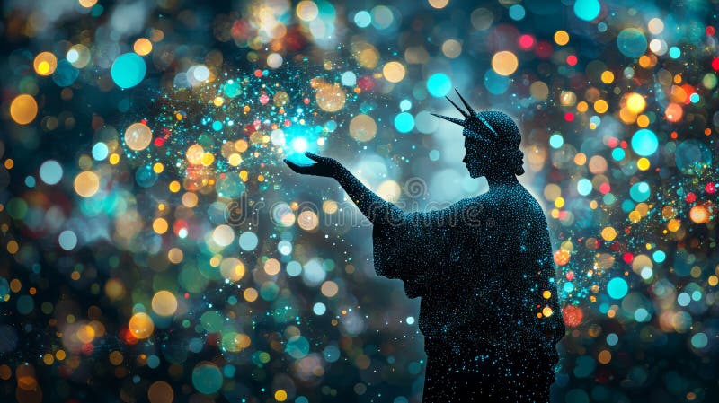 Statue of Liberty Silhouette with Sparkling Bokeh Lights, Concept of ...
