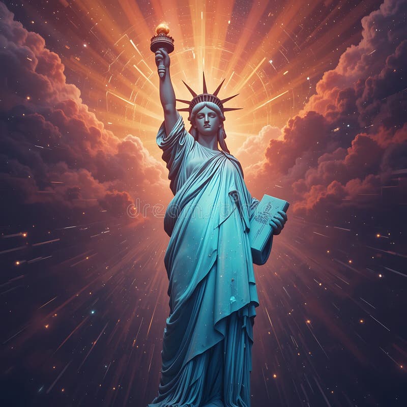 Statue of Liberty Standing Tall with Cloudy Sky and Glowing Rays Stock ...