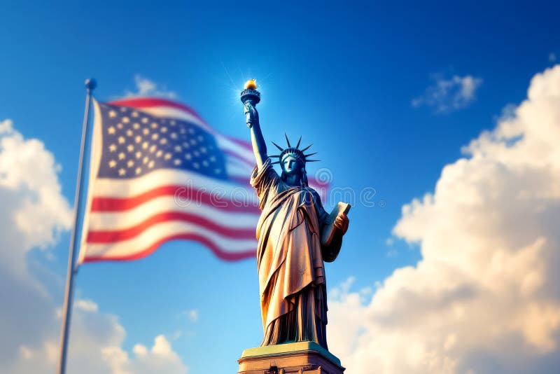 Statue of Liberty Stands in Front of a Flag Stock Photo - Image of ...
