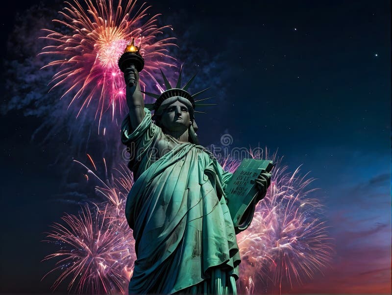 The Statue of Liberty is Surrounded by Fireworks in the Sky Stock ...
