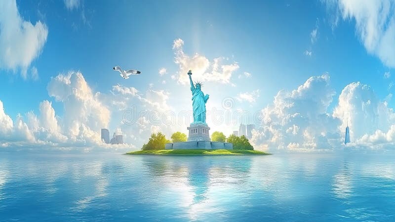 Statue of Liberty on a Tranquil Island, Bathed in Sunlight Stock ...