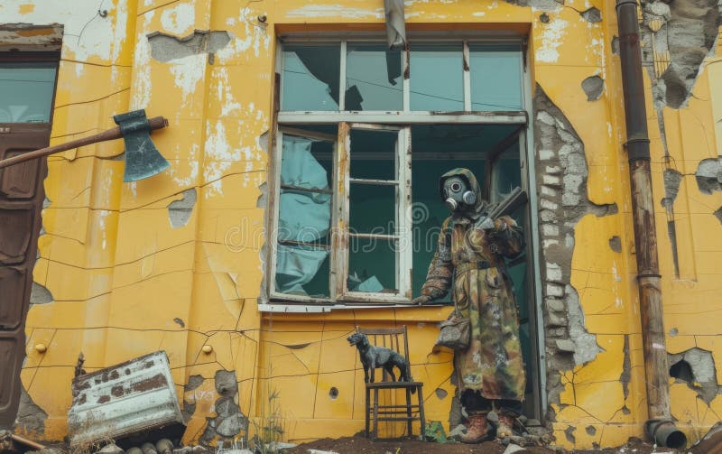 A Statue of a Man is Behind a Broken Window in an Old Building Stock ...
