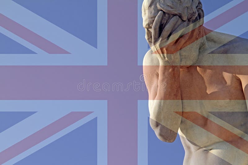 Statue of a Man Showing Disappointment Reflected on the Flag of the UK ...