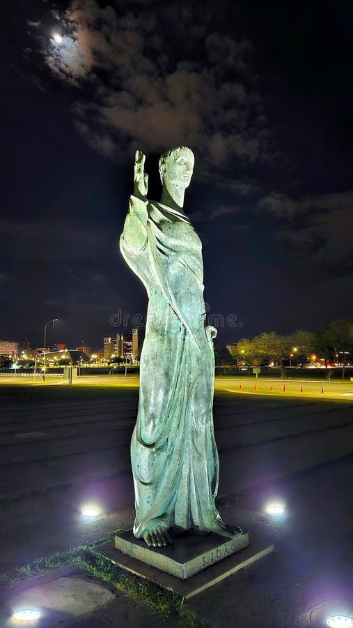 Statue at Night with Moon in the Sky Stock Photo - Image of cityscape ...