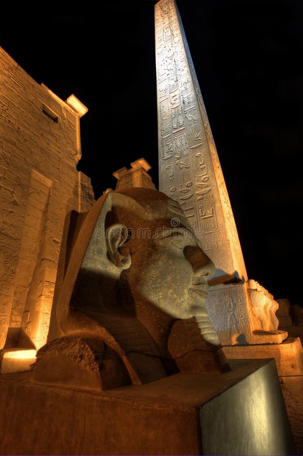 Statue and Obelisk at Luxor Temple at Night Stock Image - Image of ...