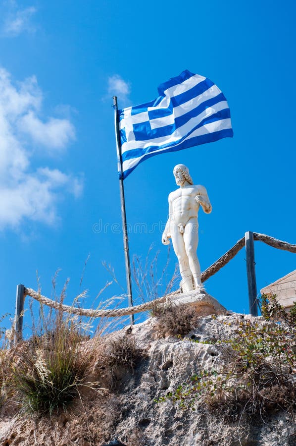 Statue of Patroclus with Greek Flag Stock Photo - Image of acient ...