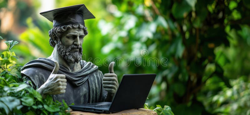 Statue of Philosopher with Graduation Cap Giving Thumbs Up while Using ...