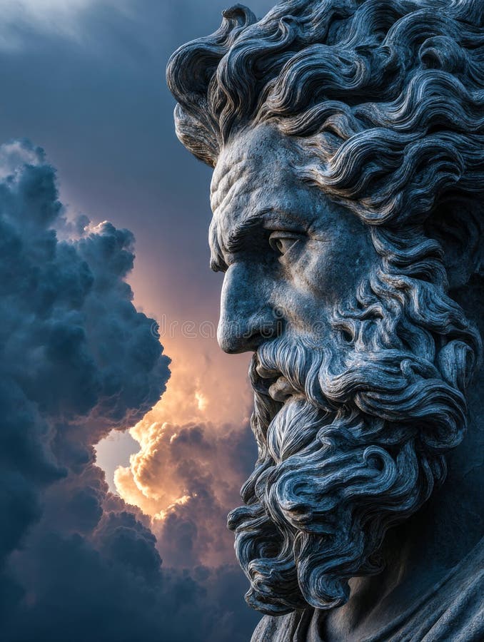 Statue of Powerful Figure Against Dark Clouds Stock Illustration ...