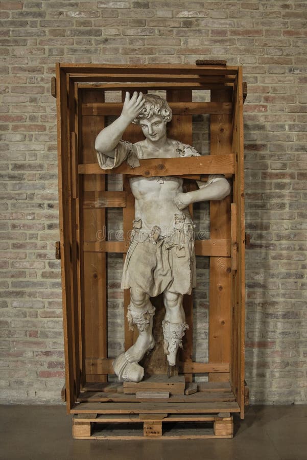 Statue Ready for Restoration and Protected by a Wooden Box Stock Image ...