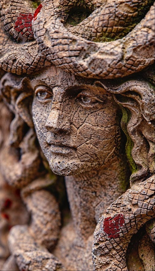 A Statue with Red Paint on the Face, Standing Next To a Fence Stock ...