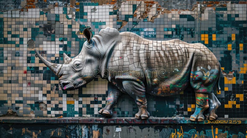 A Statue of a Rhino Standing in Front of a Decorative Tiled Wall ...