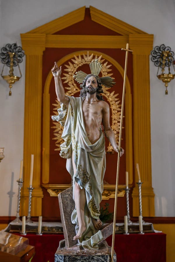 Statue of the Risen Christ with a White Tunic and a Cross Cane Stock ...