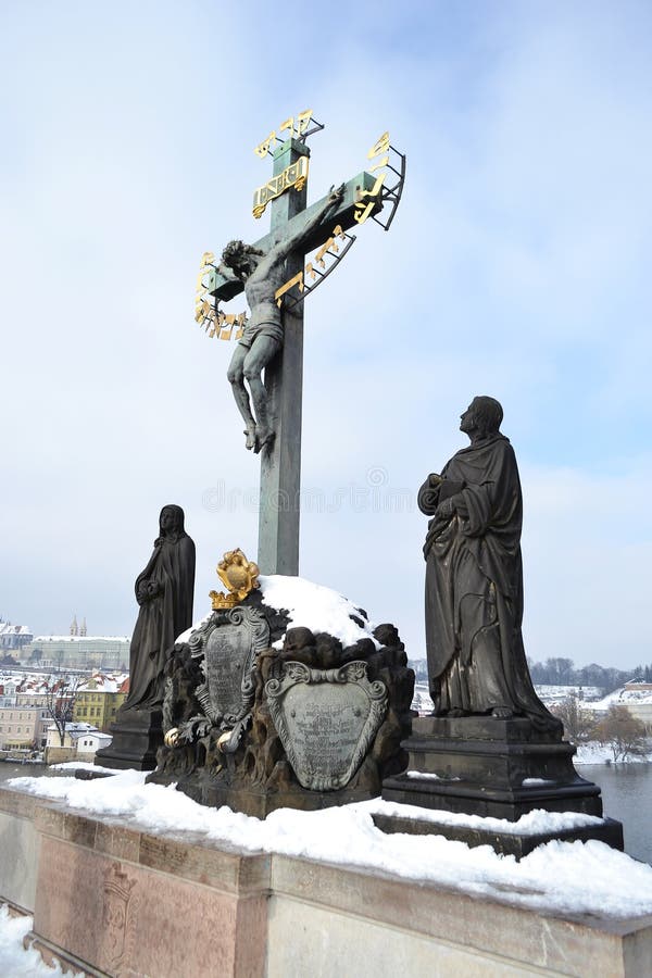 Statue Saint Cross in Charles Bridge Stock Photo - Image of infliction ...
