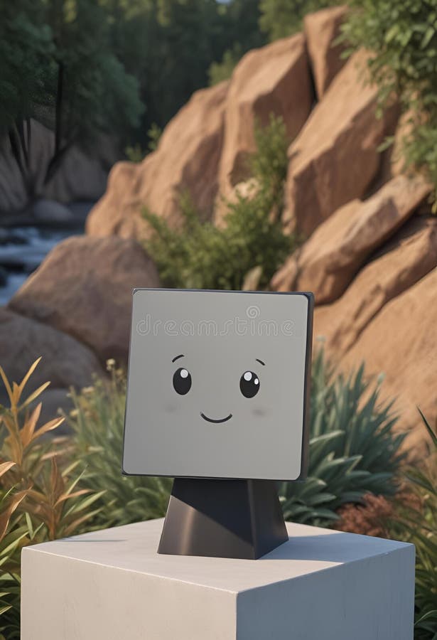 A Statue with a Smiley Face on a Pedestal in Front of Greenery and ...