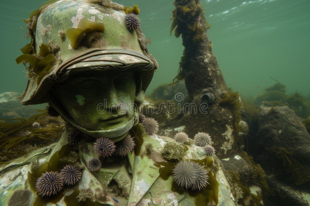 A Statue of a Soldier with Algae and Sea Urchins Stock Image - Image of ...