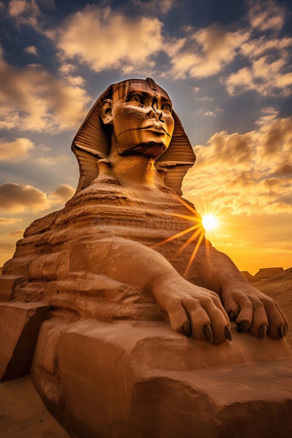 A Statue of a Sphinx with the Sun Shining through the Clouds Stock ...