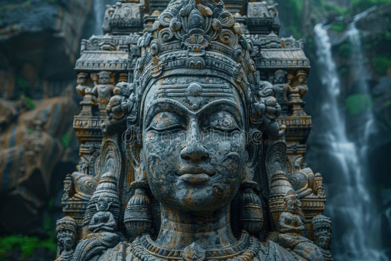 Statue Overlooking Waterfall in India Stock Image - Image of view ...