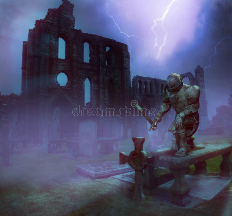 Statue with Sword Inside Graveyard Stock Illustration - Illustration of ...