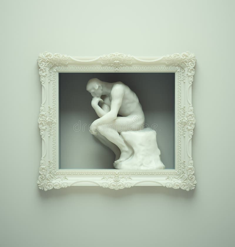 Statue of Thoughtful Man Sitting Down in a Painting. Confusion and ...