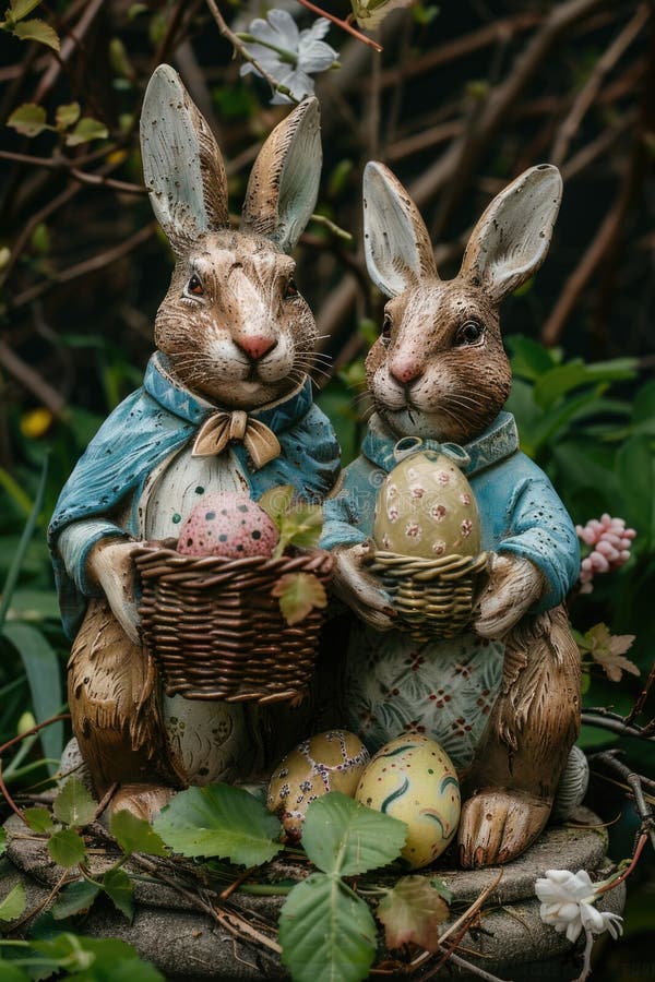 A Statue of Two Rabbits with a Basket of Eggs, Perfect for Easter ...