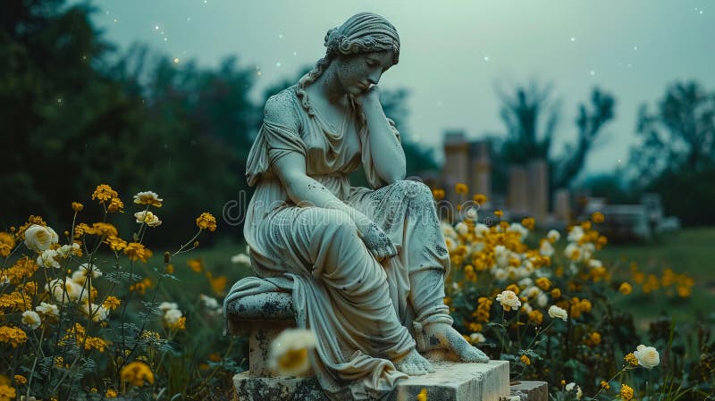 A Statue of a Woman Sitting in a Field of Flowers Stock Illustration ...