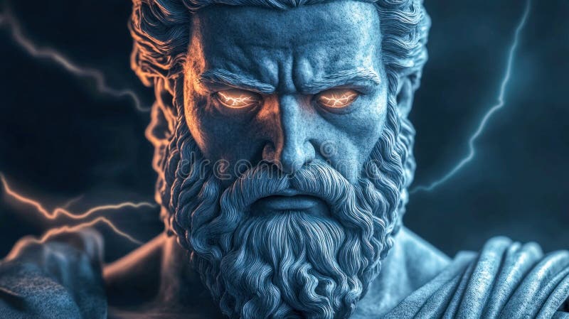 Statue of Zeus with Glowing Eyes and Lightning Stock Illustration ...
