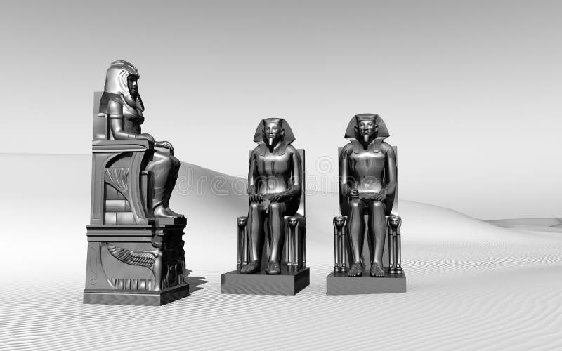 Statues from Ancient Egypt in a Sandy Desert in Black and White Stock ...