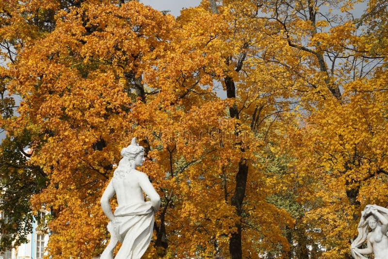 Statues of Classical Figures with an Orange Tree in the Background ...