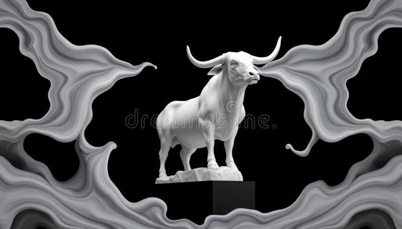 Bull Sculpture on Display with Modern Artistic Flowing Background ...