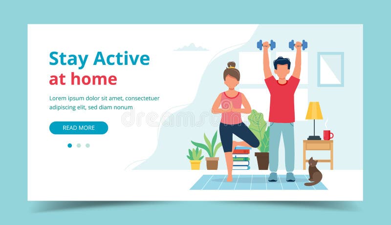 Stay Active at Home Concept. People Doing Exercise in Cozy Modern ...