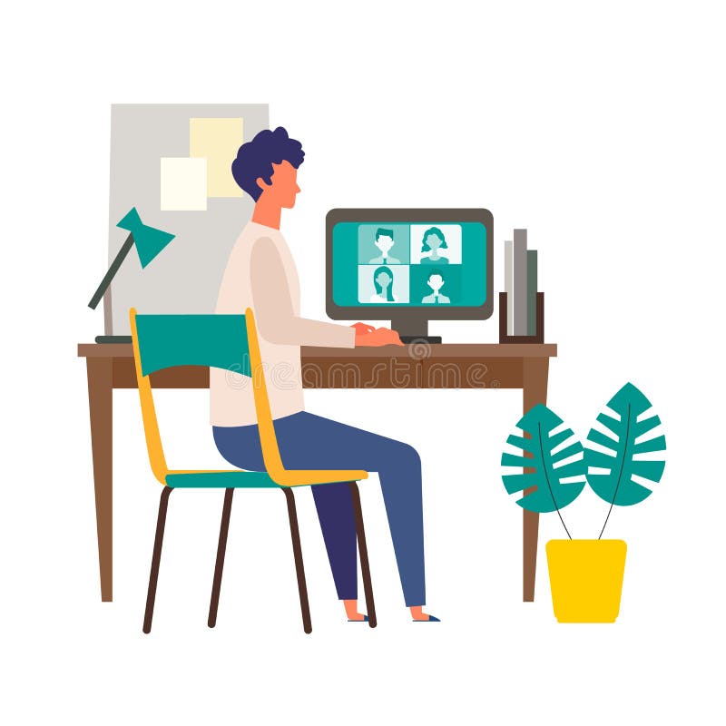 Stay at Home Concept. Vector Illustration of Man in the Study Room ...