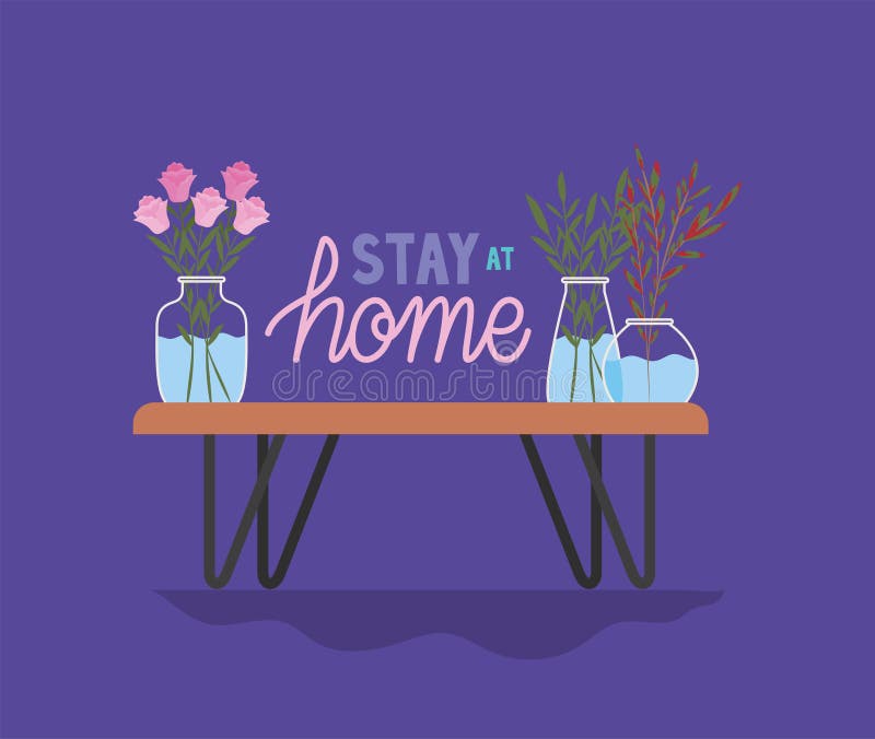 Stay at Home Lettering and Plants Inside a Pots on a Purple Background ...