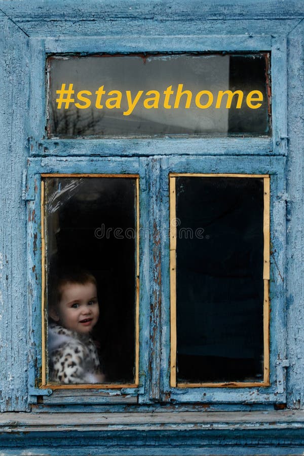 Stay at Home Please Lonely Child Sits in Window of Old House Stock ...