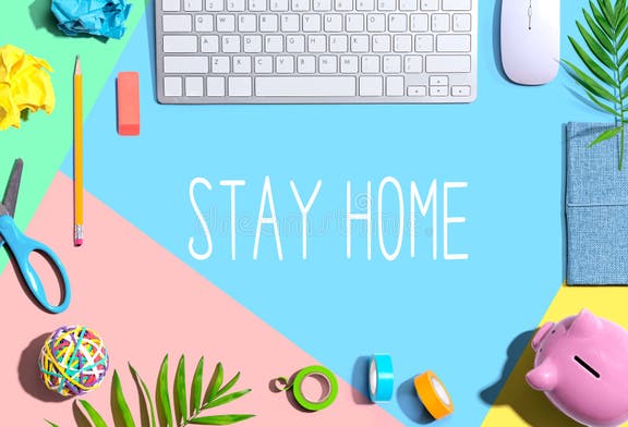 Stay Home Theme with Office Supplies Stock Image - Image of blue ...