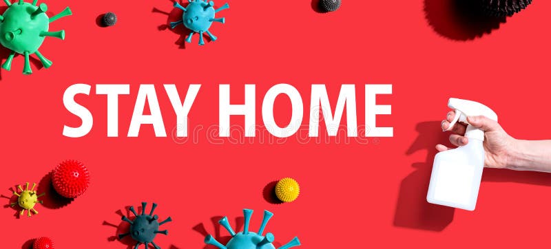 Stay Home Theme with Spray and Viruses Stock Photo - Image of medical ...
