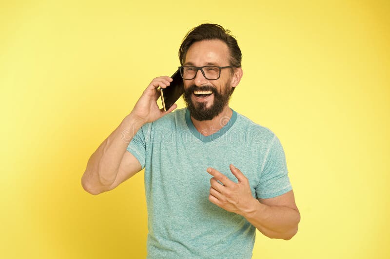 Stay In Touch Man Bearded Cheerful Mature Guy Hold Mobile Phone Yellow