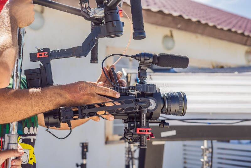 Steadicam Operator Prepare Camera and 3-axis Stabilizer-gimbal for a ...