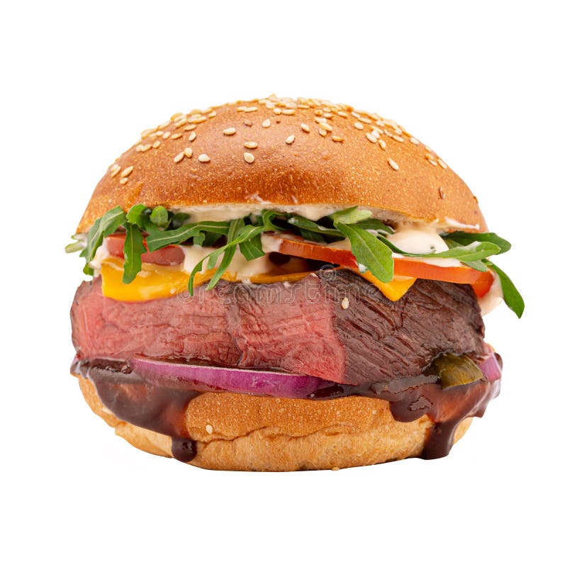 Steak Burger with White Bun, Cheese and Vegetables Isolated on White ...