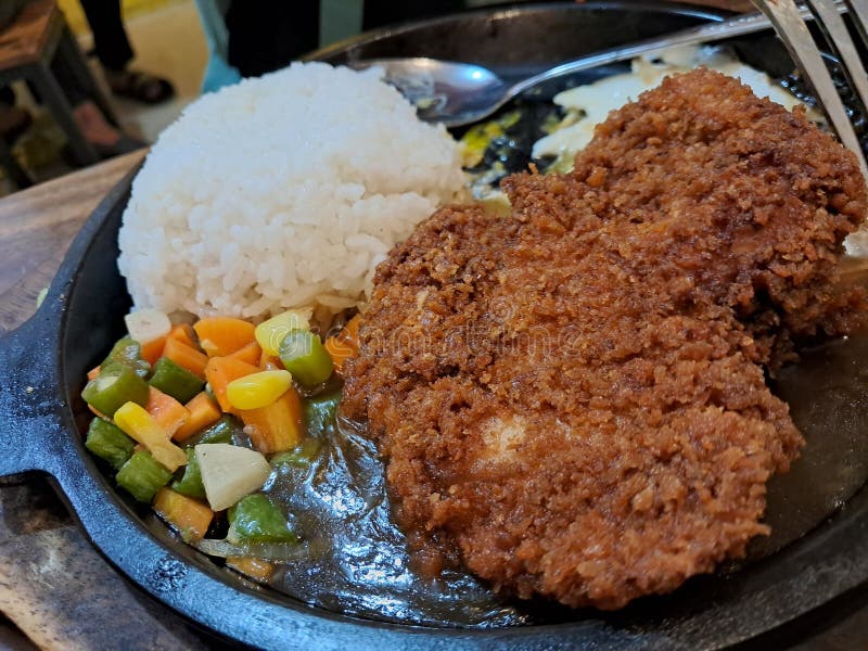 Steak Chicken with Vegetables, Rice and Barbeque Sauce Stock Photo ...