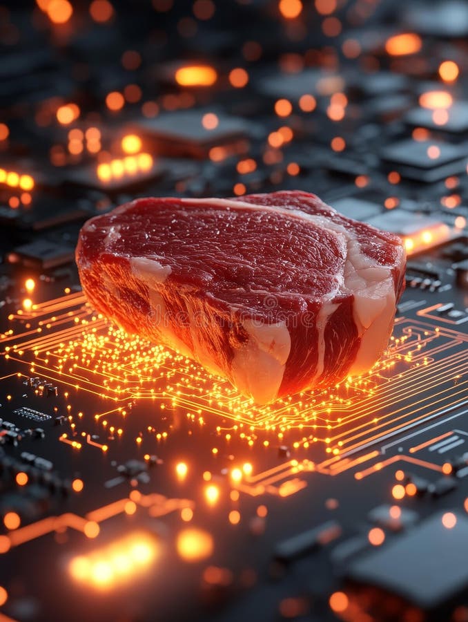 Steak on Circuit Board Futuristic Food Technology Digital Meat Circuit ...