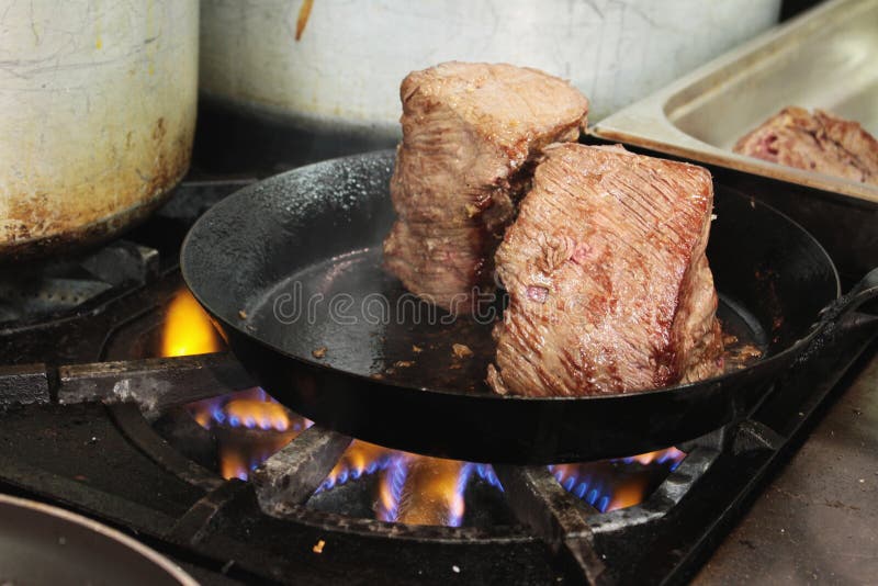 Steak cooking in pan stock photo. Image of griddle, loin - 61846950