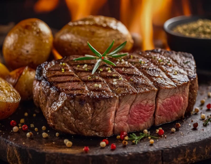 A Steak on a Cutting Board with Herbs and Spices. the Character and All ...