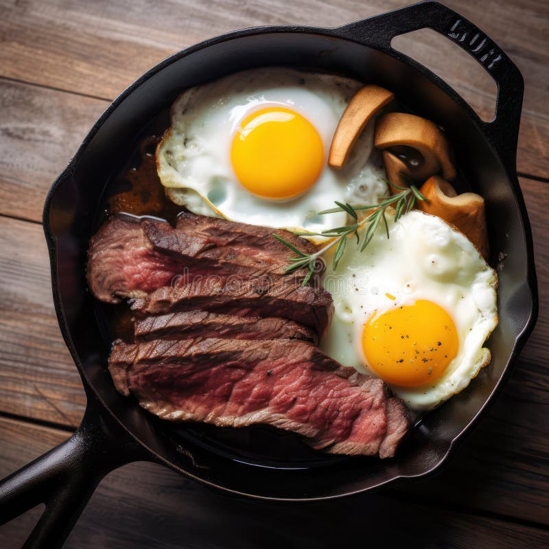 Steak And Eggs In A Cast Iron Pan Rustic Style Stock Illustration Illustration Of Delicious