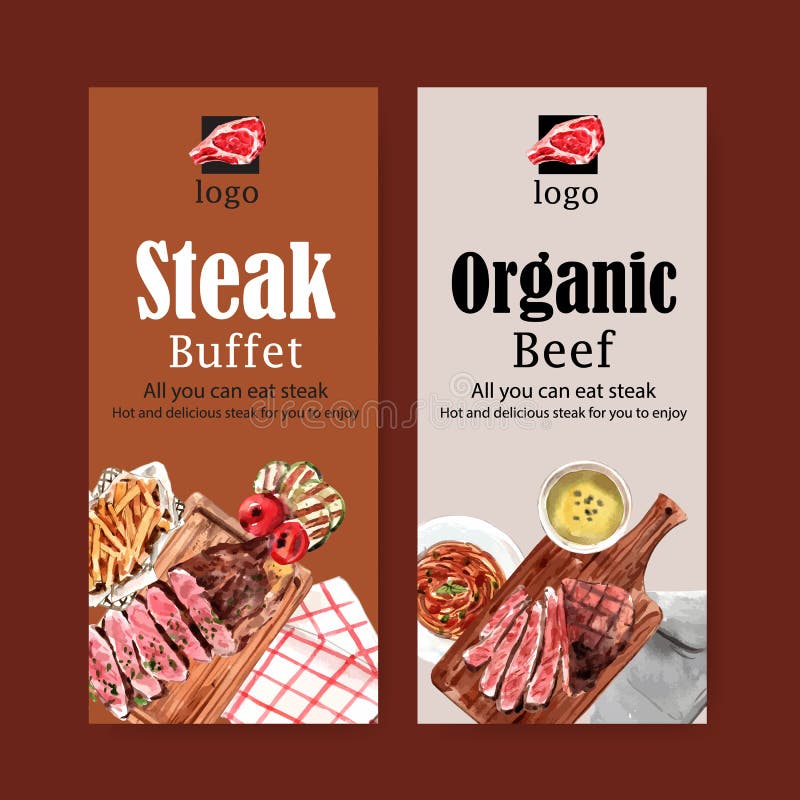 Steak Flyer Design with Beef Steak, Napkin Watercolor Illustration ...
