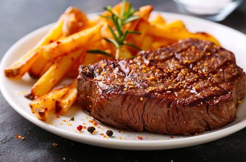 Steak and fries on a plate stock photo. Image of delmonico - 321958938