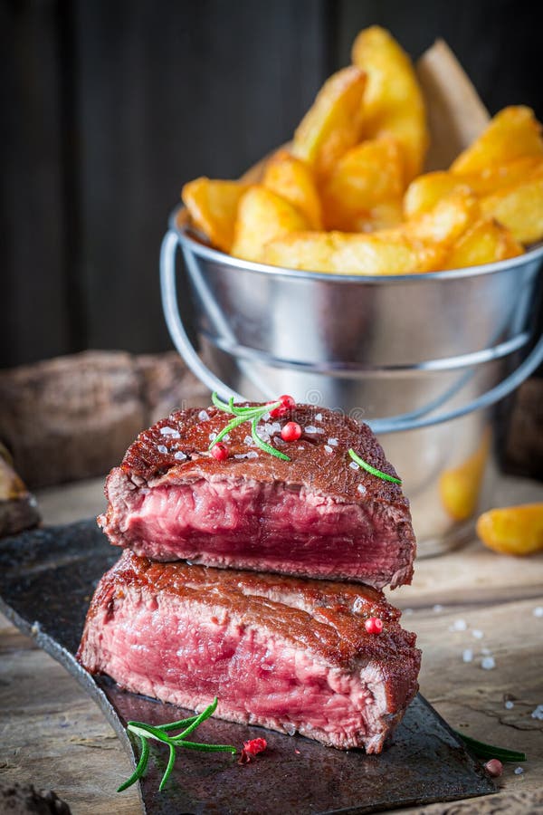 Steak and Golden Chips with Salt. American Cuisine Stock Photo - Image ...