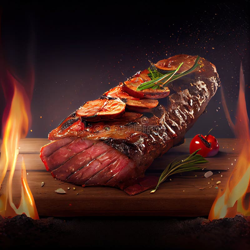 A Steak with a Lot of Meat on it on a Cutting Board with Flames in the ...