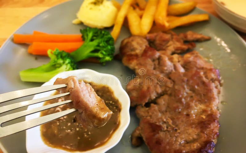 Steak, Mash Potato, Vegetable, Sauce, on Plate Stock Photo - Image of ...